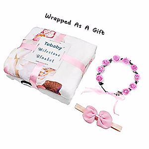 Baby Monthly Milestone Blanket Girl - Floral Newborn Month Blanket Personalized Shower Gift Soft Plush Fleece Photography Background Photo Prop Flower Blanket with Wreath Headband Large 51''x40''
