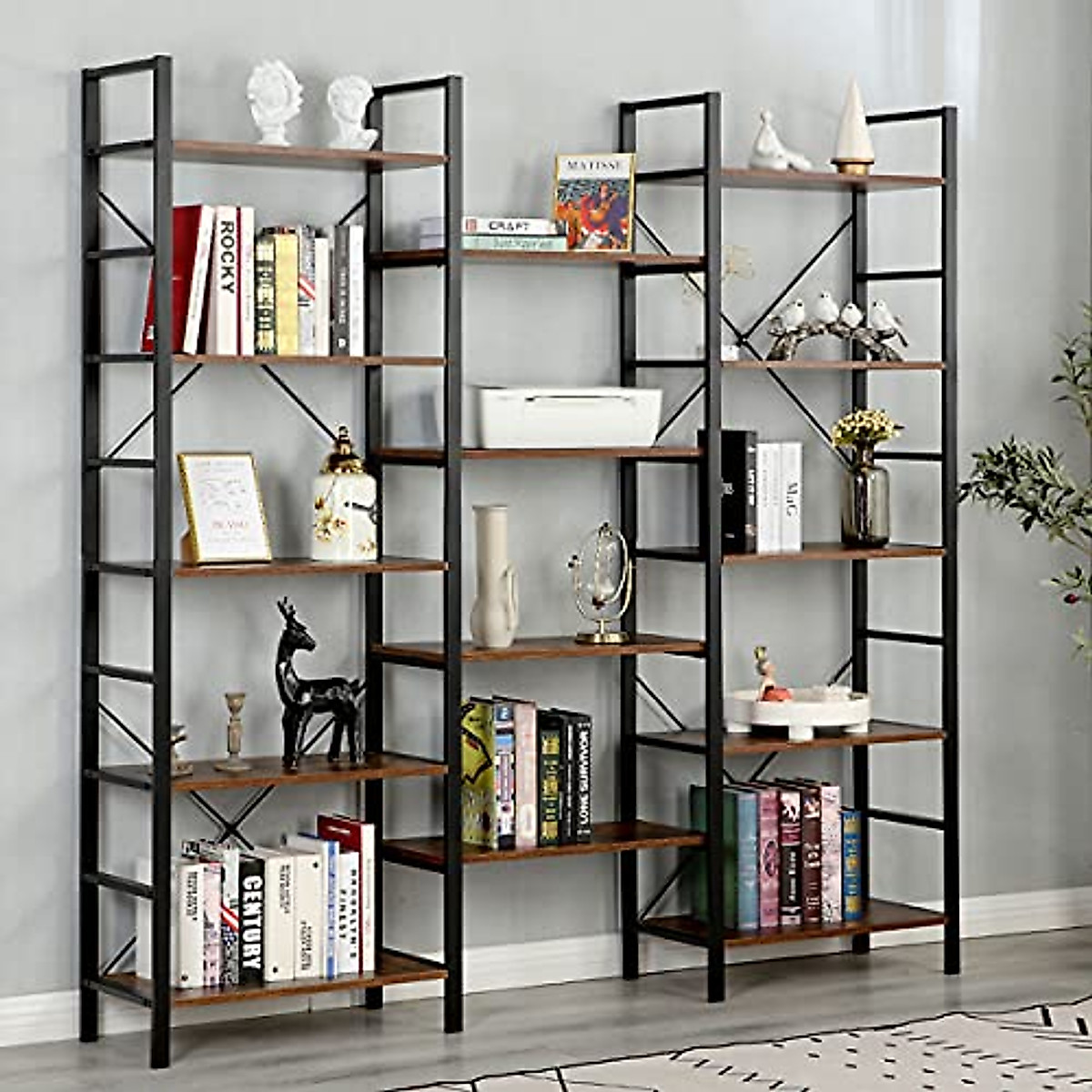 MELLCOM Triple Wide 5 Tier Industrial Bookshelf, 14 Open Storage Cubes, Vintage Wood Bookcase, Cube Bookshelf with Antique Wood and Metal Frames for Living Room, Bedroom & Office, Brown