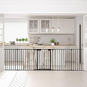 Costzon Baby Safety Gate, 121 Inch Length 5 Panel Adjustable Wide Fireplace Fence, BBQ Metal Fire Screen Gate, Pet Isolation Fence with Walk-Through Door, Freestanding Pets Gate (Black, 5-Panel)