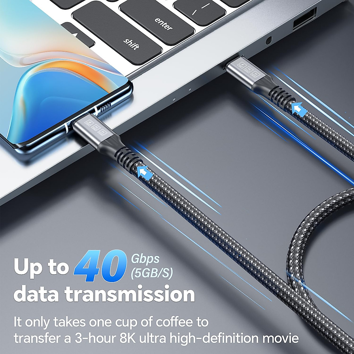 ZDD Thunderbolt 4 Cable 6FT, 240W Charging USB C to USB C Cable, Thunderbolt Certified Compatible with Type-C Power Charging MacBooks, iPad Pro, Hub, Docking, and More, Black