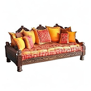 Worldcraft Industries Carved Arch DayBed. Medium Antique Finish. Twin XL Size. Handmade from Solid Mahogany Wood. Designed, Produced and Imported Indian Inspired Day Bed Sofa.