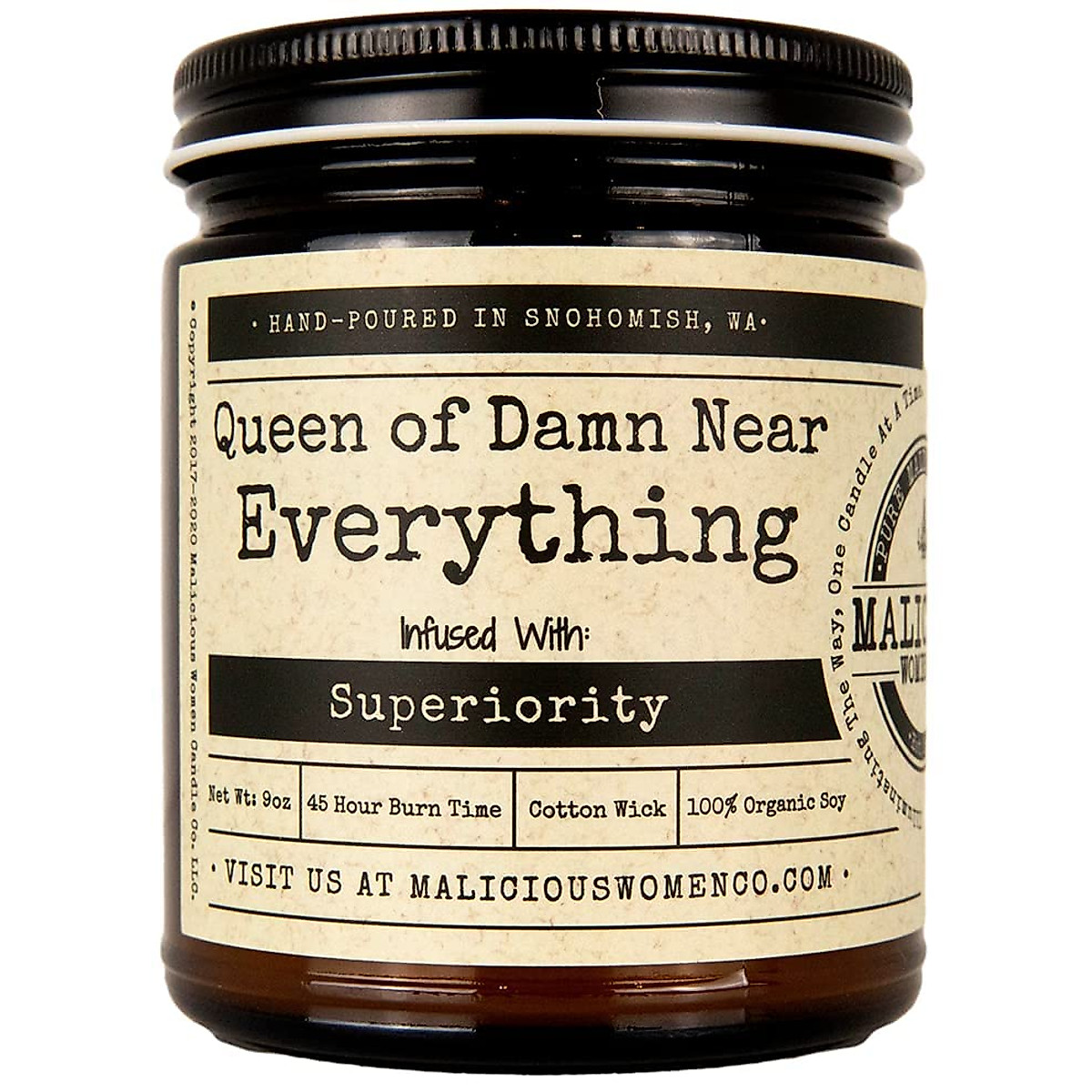 Malicious Women Candle Co - Queen of Damn Near Everything, Rebel Rose Infused with Superiority, All-Natural Soy Candle, 9 oz