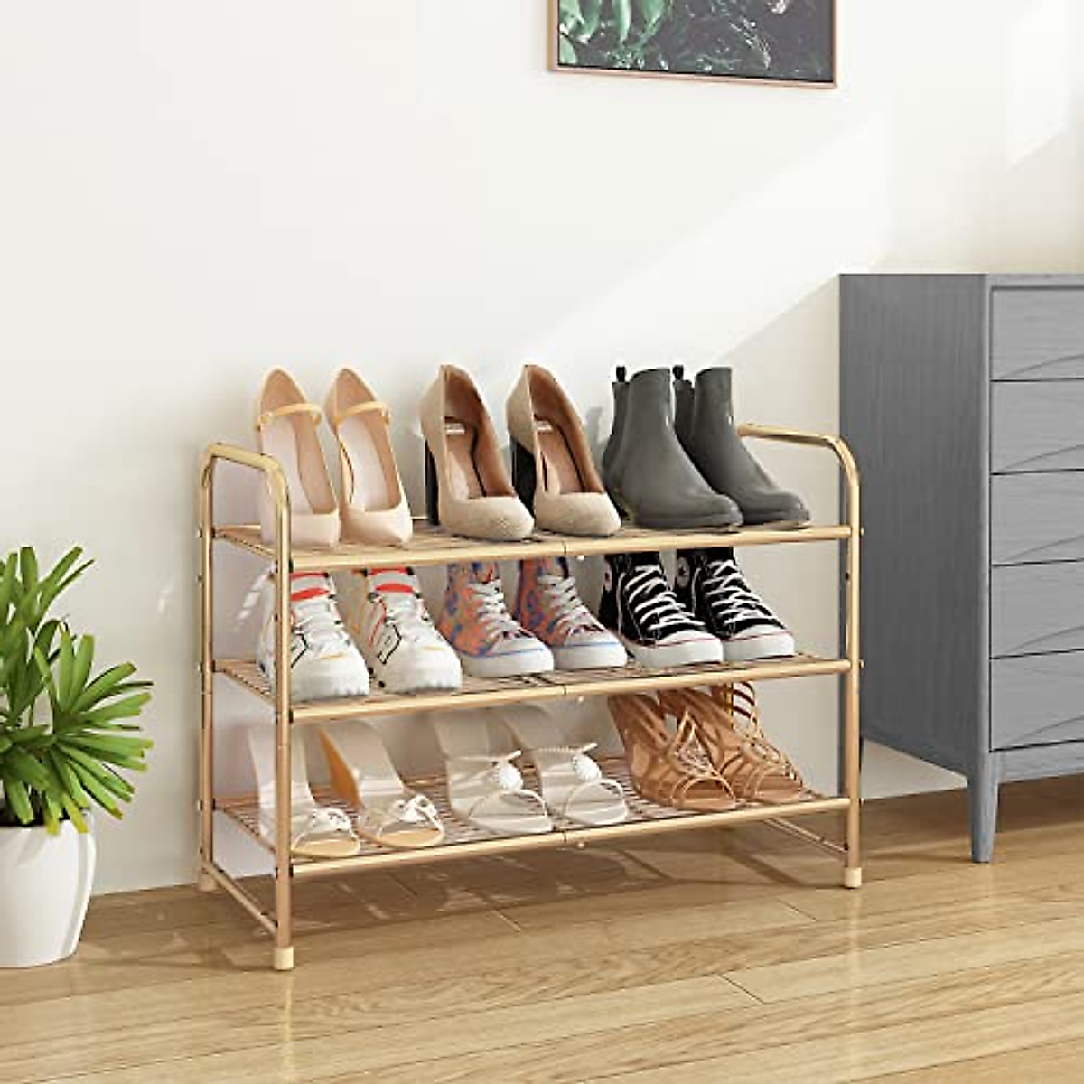 Simple Trending 3-Tier Stackable Shoe Rack, Expandable & Adjustable Shoe Shelf Storage Organizer, Wire Grid, Golden Yellow