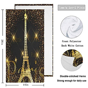 Naanle Chic Gold Glittering Eiffel Tower Paris Print Luxury 2 Piece Soft Fluffy Guest Decor Hand Towels, Multipurpose for Bathroom, Hotel, Gym and Spa (14" x 28",Black)