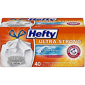 Hefty Ultra Strong Tall Kitchen Trash Bags, Clean Burst Scent, 13 Gallon, 40 Count
