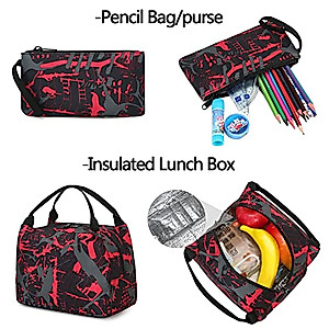 Bluboon School Backpack for Boys Teens Bookbag Travel Daypack Kids Girls Lunch Bag Pencil Case (Red-3pcs)