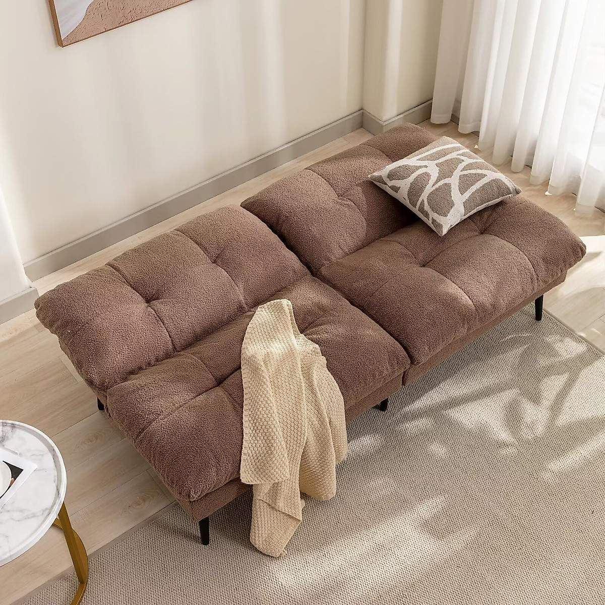 Siiejia Futon Sofa Bed, Convertible Sleeper Futon Couch Loveseat Adjustable Backrest Couch Bed Small Splitback Modern Sofa for Living Room, Bedroom, Office, Apartment, Brown