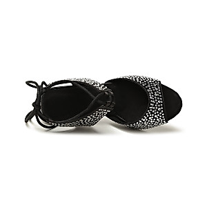 Minishion GL251 Women's Lace-up Crystals Black Satin Latin Dancing Shoes Evening Sandals US 6.5