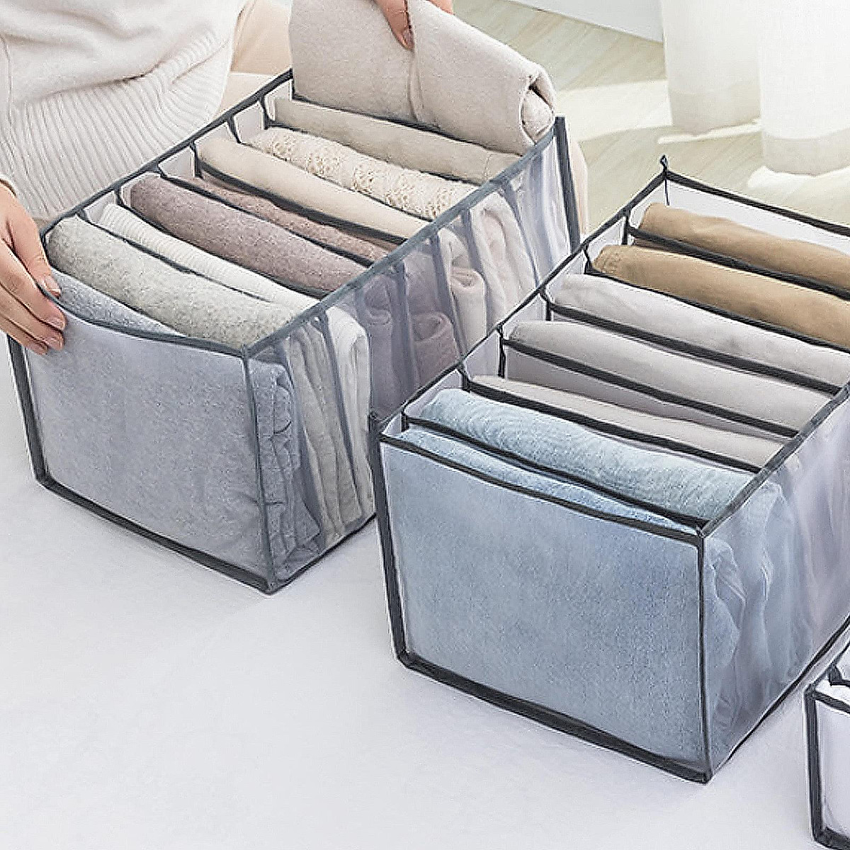 PANDOLA 2 Pack 7 Grids Wardrobe Clothes Organizer, Washable Foldable Clothes Organizer for Folded Clothes, Compartment Storage Box Drawer Organizer for T-shirt Legging Skirts Kid Clothes (Gray)