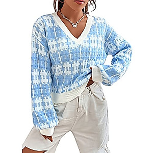 WDIRARA Women's Plaid Pattern V-Neck Long Sleeve Drop Shoulder Pullovers Sweater Blue M