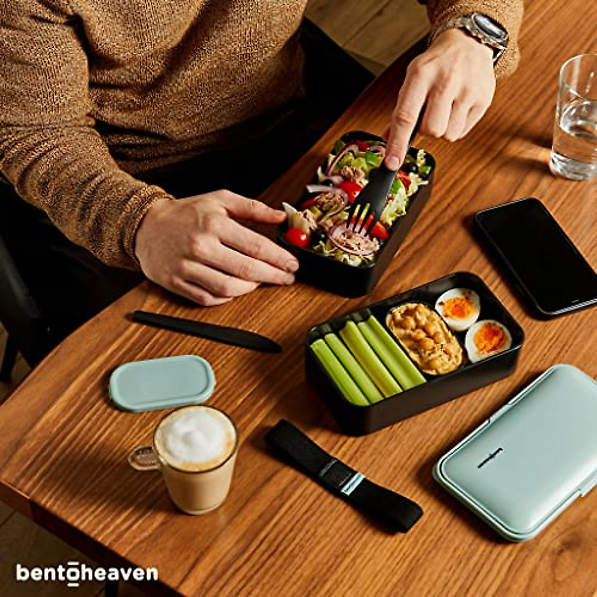 Bentoheaven Premium Bento Box Adult Lunch Box with 2 Compartments (40oz), Cutlery & Set of Chopsticks, Large Dip Container, Cute Black Japanese Bento Box, Rectangle, Microwavable (Billie Green)