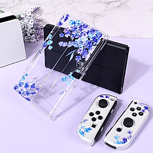 DLseego Floral Flower Case for Nintendo Switch OLED with Cute Purple Lavender Pattern for Women Girls, Anti-Scratch Dockable Clear Hard Shell Soft Shock-Absorption TPU Joy Con Cover