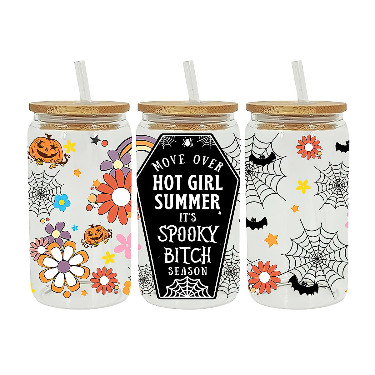 3D UV DTF Cup Wrap Transfer Stickers Halloween Pumpkin Ghost Waterproof Rub on Transfers for 16OZ Libbey Glass Cups （Pack of 6）
