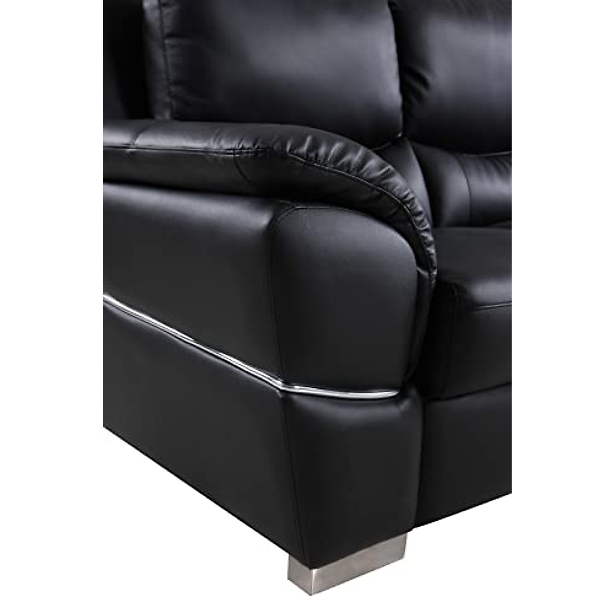 Blackjack Furniture Binion Modern Leather Loveseat for Living Room with Padded Headrests, Stainless Steel Legs & Accent Chrome Trim, Black