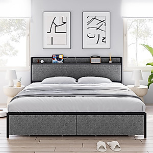 GAOMON Full Size Bed Frame with Headboard and Storage, Drawers Platform Bed Frames with Outlets, Sturdy, Noiseless, No Box Spring Needed, Easy Assembly