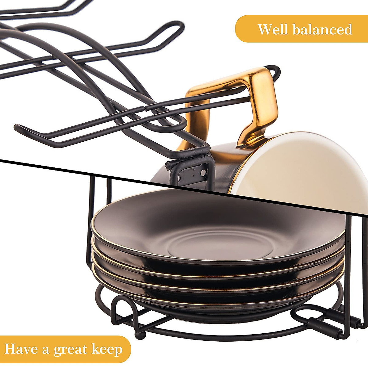 CHILDIKE Coffee Cup Rack, Tea Cup Holder Stand Dishes Organizer, Teacup Display Stand, Iron Tea Set Basket Holder Cup Drying Rack for Counter (Black)