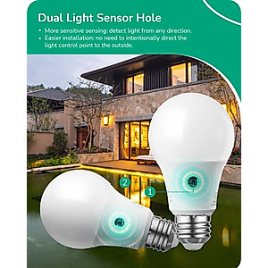 EDISHINE Dusk to Dawn Light Bulbs Outdoor, A19 LED Light Bulb 2700K Warm White, 9W Equivalent 60W, Automatic On/Off, Dual External Sensor, 800LM Bright Light Bulb, E26 Base, 4 Pack, UL Listed