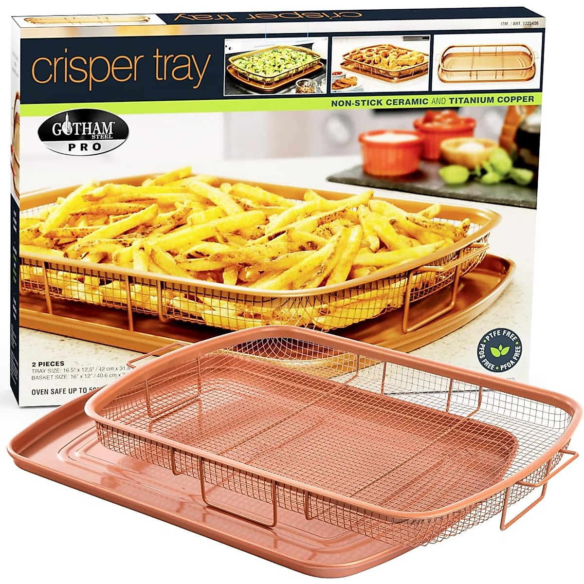 Gotham Steel Air Fryer Tray, 2 Piece Nonstick Copper Crisper Air Fry Basket For Convection Oven, Also Great For Baking & Crispy Foods, Dishwasher Safe – Large, 12.5” x 9”