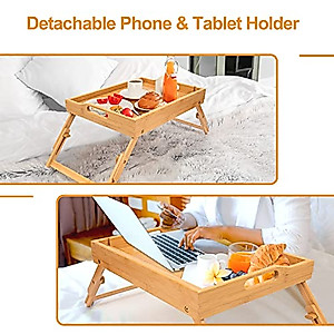 Greenual 2 Pack Bed Tray Table with Handles Folding Legs, Bamboo Breakfast Food Tray with Media Slot, Use As Platter, Laptop Desk, Snack, TV Tray Kitchen Serving Tray