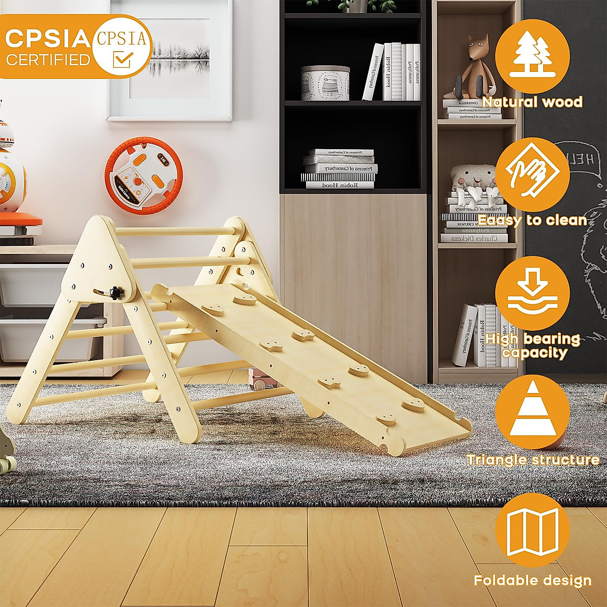 Benarita Pikler Triangle Set 2 in 1, Folding Wooden Triangle Climber with Ramp, Indoor Climbing Toys for Toddlers, Montessori Climbing Toys for Kids Gym Playground