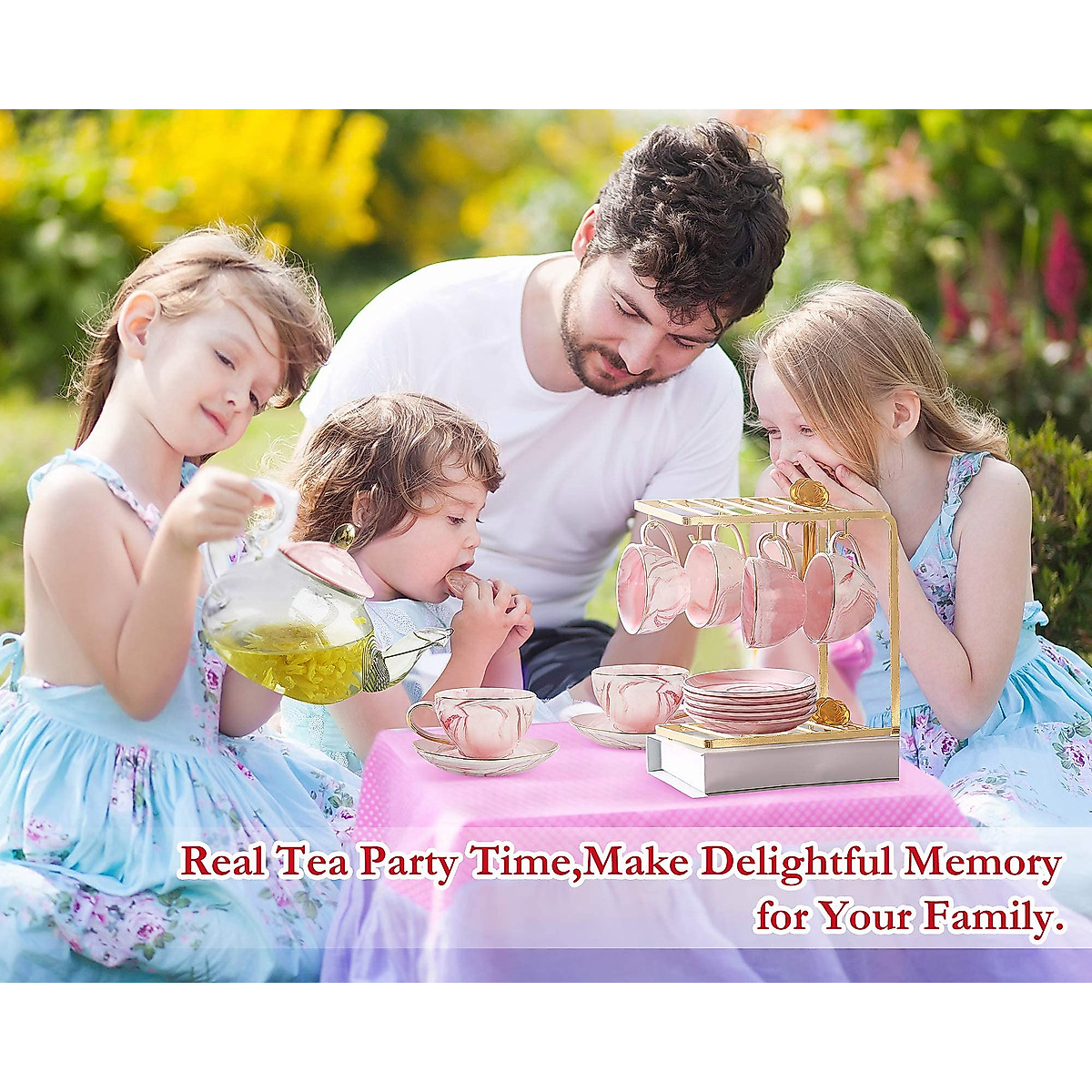 DUJUST 21 pcs Small Tea pot Set of 6, Fine Porcelain, Pink Marble Texture with Handcraft Golden Trim for Girls&Women, 1 Glass Teapot(22oz), 6 Cups(4oz), 6 Saucers, 6 Spoons, 1 Shelf&1 Warmer…