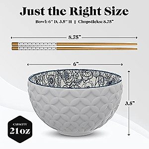 American Atelier Ramen Bowl with Chopsticks | Set of 2 | Soup Bowls for Kitchen | Udon Noodle Bowls with Chopsticks | Stoneware Soup Bowl | 6" Diameter (21 Oz) - Blue Floral Print