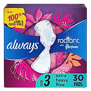 Always Radiant Feminine Pads For Women, Size 3 Extra Heavy Absorbency, With Flexfoam, With Wings, Light Clean Scent, 30 Count
