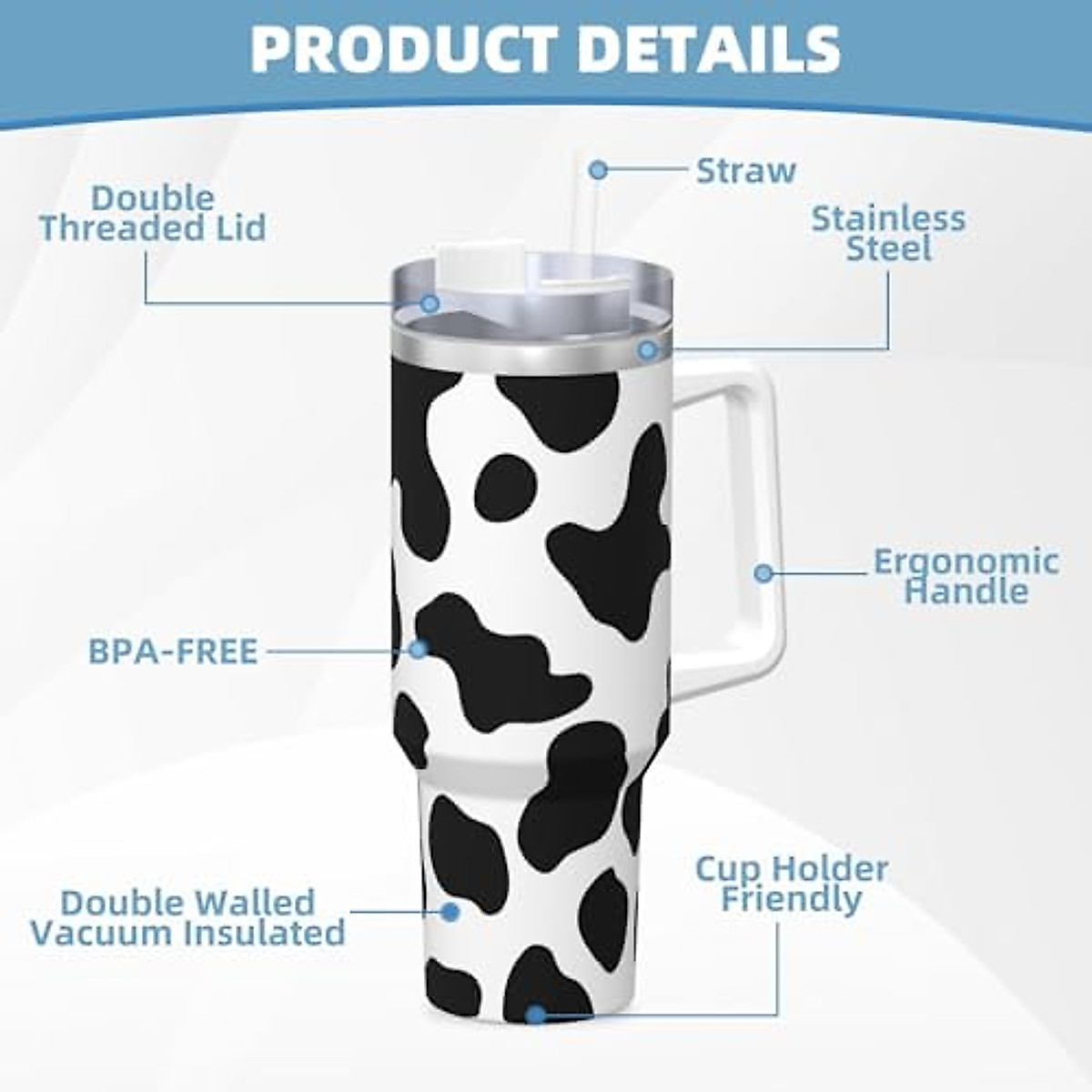 deaokluy 40 OZ Cowhide Print Ice Bully Cup with Handle Straw Lid, Double Wall Stainless Steel Tumbler Travel Coffee Cup, Black and White Insulation and Cooling Cup for Christmas Birthday Present