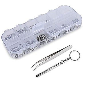 HQMaster 1100Pcs Eyeglass Glasses Spectacles Tiny Screws Nut Washer Assortment + 5 Pairs Nose Pads Repair Tool Kit Set with Tweezer Micro Screwdriver (Rectangular Case)