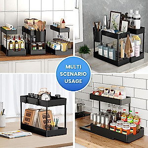 Under Sink Organizers and Storage, 3 Pack of 2-Tier Multi-Use Cabinet Organizers with Sliding Drawers, Hooks and Hanging Cups, Under Sink Organizers for Kitchen and Bathroom Home Organization(Black)