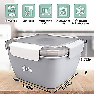 Ylebs 2 Pack Bento Box Adult Lunch Box,52-oz Salad Bowls,3 Compartment Tray with Salad Dressings Container,Used to Meal pre-prepare Food Fruit Snack,Leak Proof (Grey)