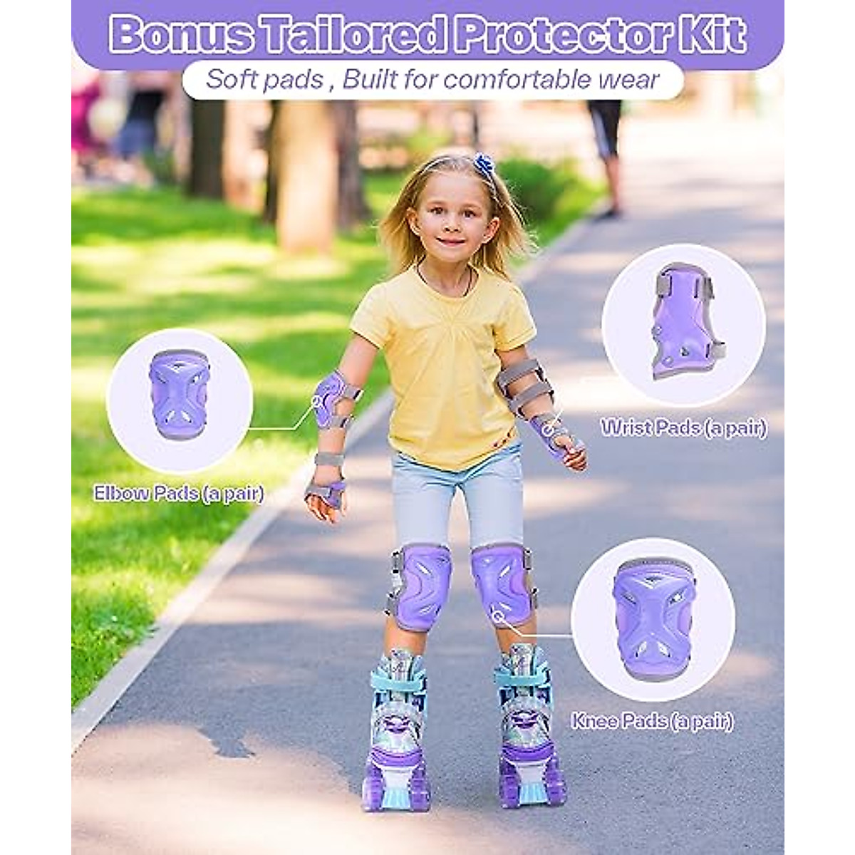Sportneer Kids Roller Skates, 4 Adjustable Light up Roller Skates for Girls Boys Kids Toddlers Beginners, Kids Skates with Protective Gear Set Gift for Indoor & Outdoor Use