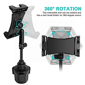 Car Cup Holder Tablet Mount & Phone Cradle Stand Truck for iPad Pro 11/12.9 Air Mini 6/5/4, Samsung Galaxy Tabs, iPhone 16/15/Pro/Pro Max, 4.7"-12.9" Smartphone Tab, Adjustable Long Arm, 360º Rotating