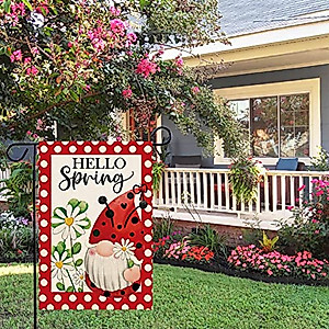 ORTIGIA Hello Spring Gnome Garden Flag Ladybug Gnome Burlap Double Sided Vertical 12x18 Inch Spring Daisy Floral Yard Decor Spring Porch Flag Farmhouse Seasonal Outdoor Flag
