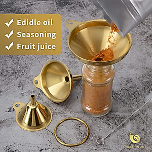Snailhouse Small Funnels, 3 Pack Stainless Steel Mini Metal Food Funnel with Cleaning Brush Set for Filling Bottles Kitchen Use, Gold (1.78/2.16/2.95 in)