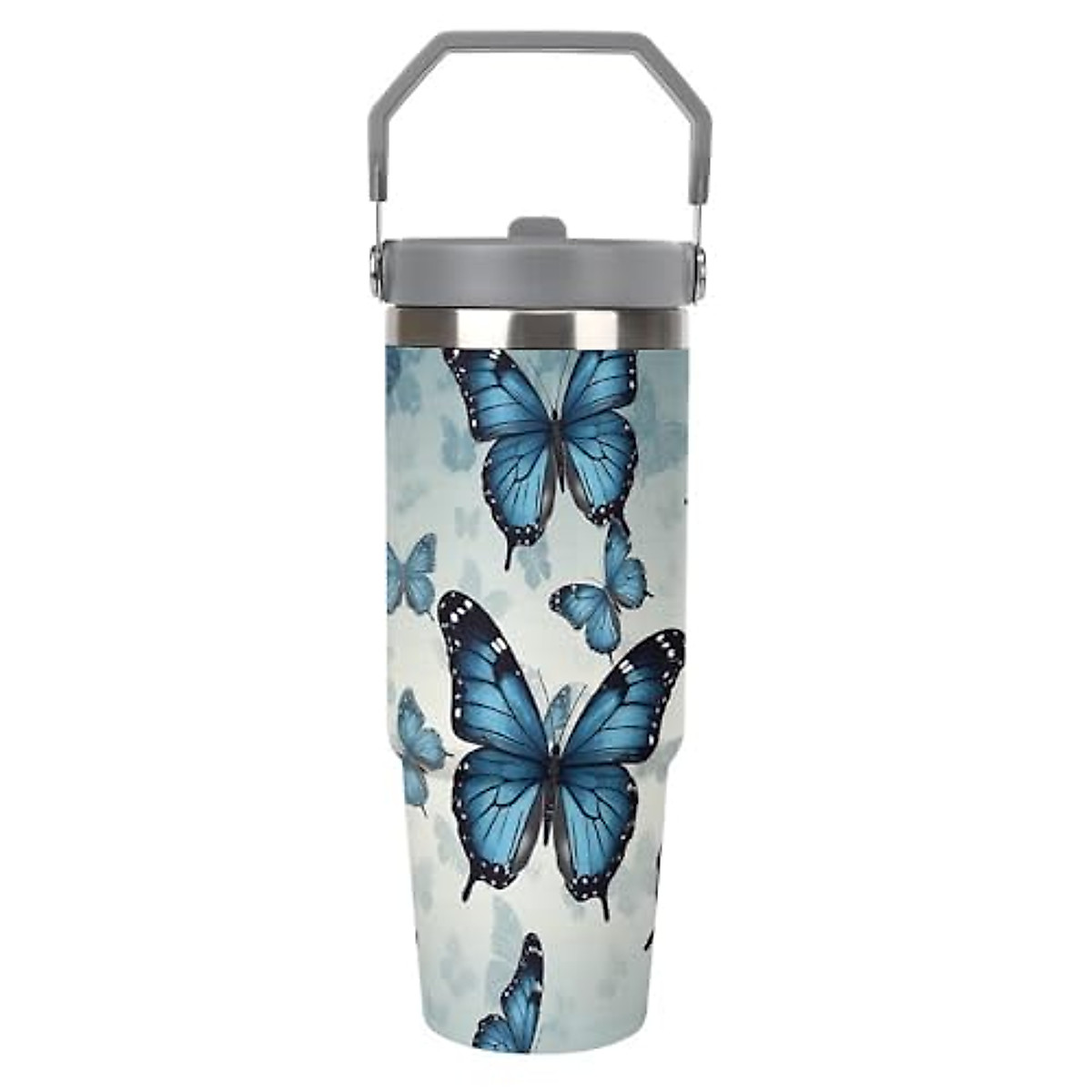 STVNKML 30 Oz Tumbler with Handle And Straw, Blue Butterfly Leakproof Stainless Steel Water Bottle for Hot & Cold Drinks 24 Hours, Car Cup Holder Friendly, Travel Mug for Home, Office, Gym