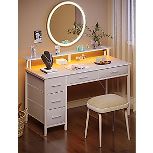 Seventable Computer Desk with Power Outlets & LED Light, 39 inch Home Office Desk with 5 Drawers, Writing Desk with Monitor Stand, Work Desk for Home Office, White