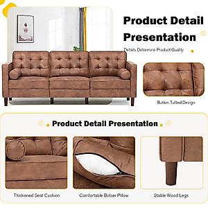Lesofair 84" Faux Leather 3 Seater Sofa with 2 Bolster Pillows, Tufted Sofa with Wooden Legs, Mordern Couch for Living Room, Office, Apartment, Brown