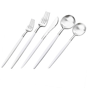 Gugrida White Silver Flatware, Royal 20-Piece Matte White Handle 18/10 Stainless Steel Tableware Sets for 4 Including Forks Spoons Knives, Camping Silverware Travel Utensils Set Cutlery (White Silver)