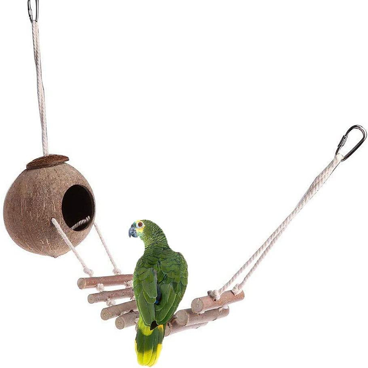 Natural Coconut Shell with Wood Ladder Bird Breeding Nest Bed Perch Swing Toy for Parrot Budgie Parakeet Cockatiel Conure Lovebird Canary Finch Small Parrot Hamster Rat Chinchilla Cage