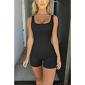 RoniKasha Rompers for Women Yoga Workout Ribbed Square Neck Sleeveless Sport Romper Jumpsuits,Black,Small