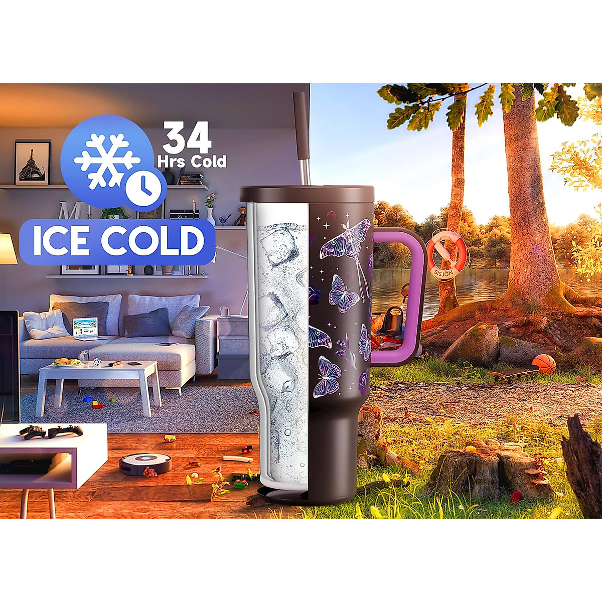 Meoky 40 oz Glow in the Dark Tumbler with Handle and Straw, Tumbler with Lid and Straw, Insulated Stainless Steel Travel Mug, 100% Leak-proof, Keeps Cold for 34 Hours (Butterfly)