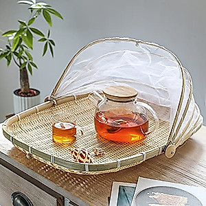 Food Bamboo Food Serving Tent Basket Hand-Woven Basket Serving Dustproof Picnic Basket Vegetable Fruits Bread Food Home Square Food Storage Basket with Mesh Gauze Cover Container