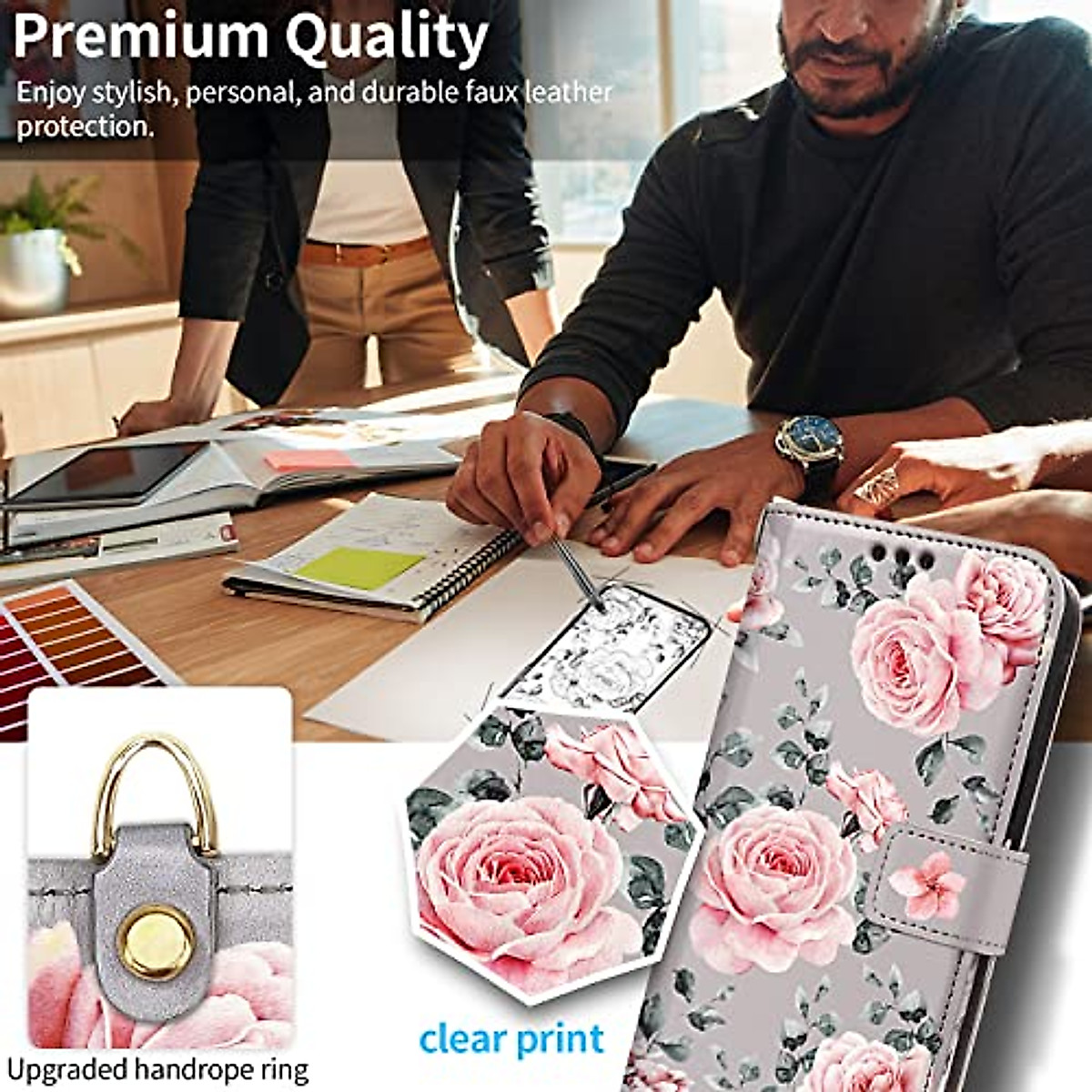 HOGGU iPhone 13 Wallet Case - Magnetic Detachable, RFID Blocking, Hand Strap, Floral PU Leather Cover (Gray)