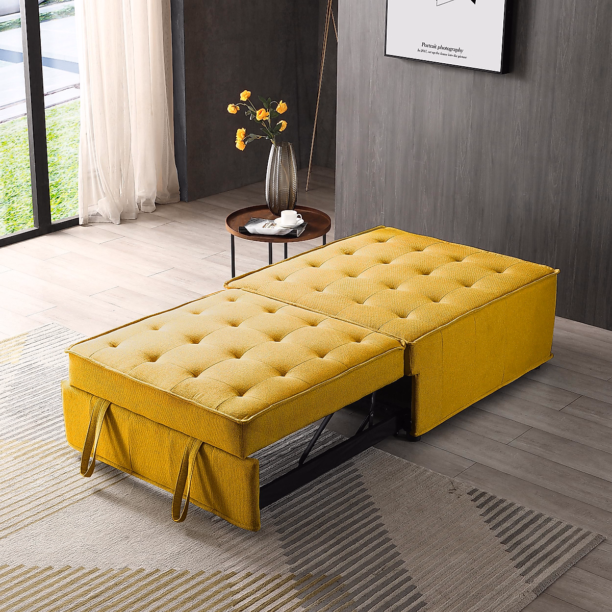 LIADTOP Pull Out Sofa, Small Tufted Velvet Convertible Couch, Easy to Assembly Faux Leather Single Bed with Removeable Backrest for Living Room Apartment (Yellow+Fabric)