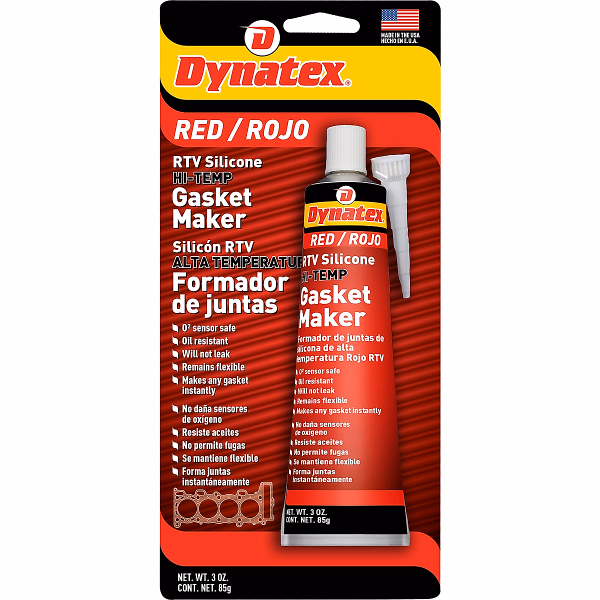 Dynatex 49202 Low Volatile RTV Silicone Gasket Maker, 0 to 650 Degree F, 3 oz Carded Tube, Red