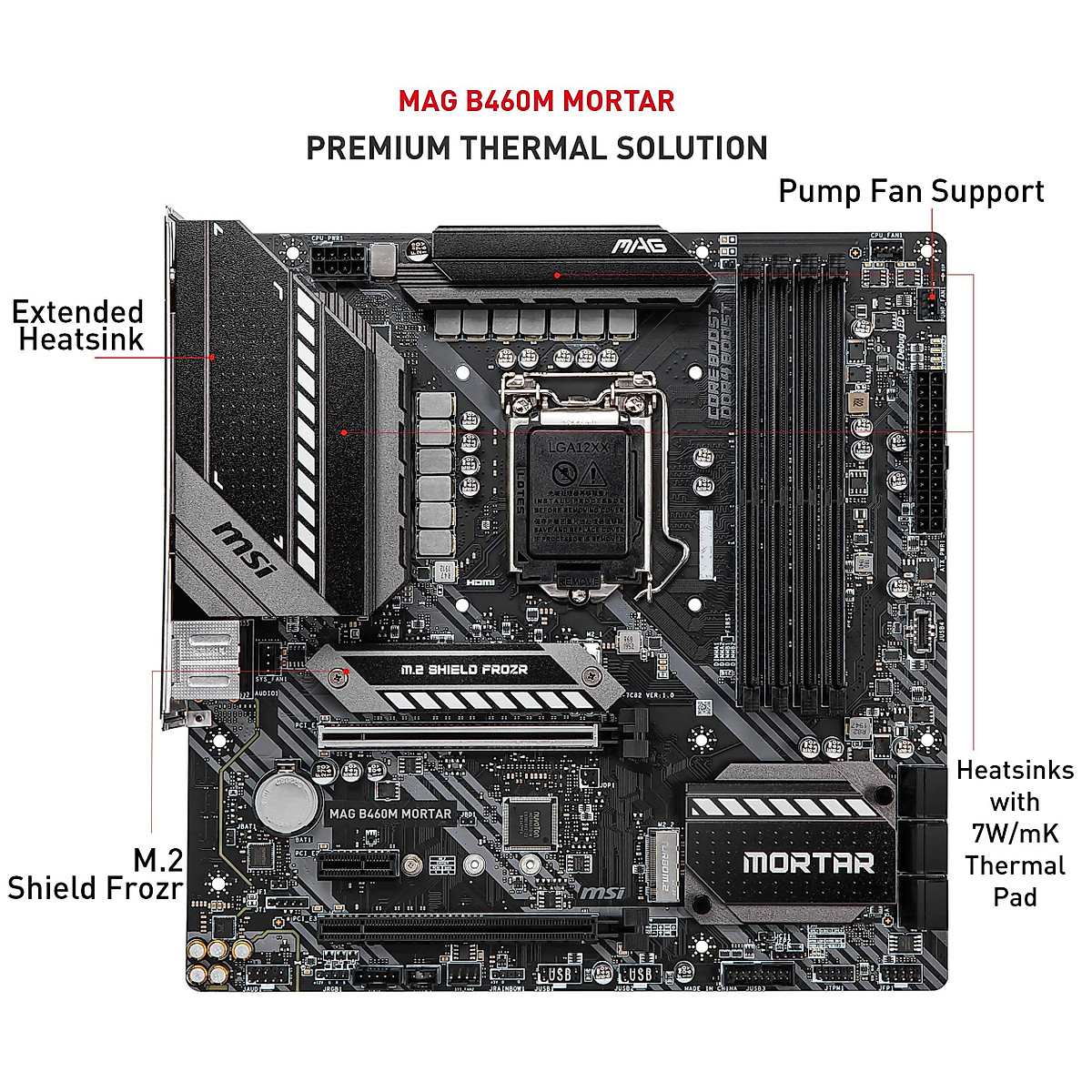MSI MAG B460M Mortar Gaming Motherboard (mATX, 10th Gen Intel Core, LGA 1200 Socket, DDR4, CFX, Dual M.2 Slots, USB 3.2 Gen 1, 2.5G LAN, DP/HDMI)