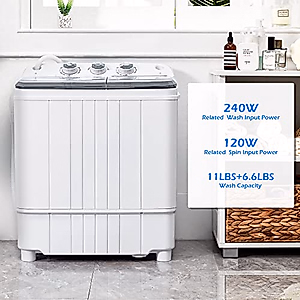 Portable Washing Machine 17.6Lbs Capacity Washer&Dryer Combo 2 In 1 Mini Compact Twin Tub Laundry Washer(11Lbs) & Spinner(6.6Lbs) with Gravity Drain Pump for Apartment,Dorms,RV Camping(grey+white)