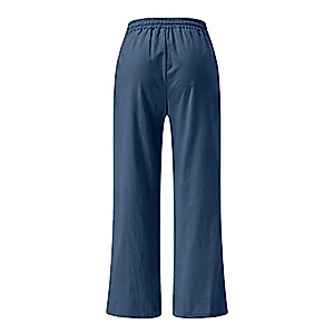GRBOZC Baggy Pants Women's Casual Elastic Waistband Cotton Linen Palazzo Trousers Lightweight Pull On Long Lounge Pants Blue