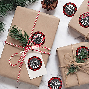 Whaline 1000Pcs Merry Christmas Stickers 1.5Inch Red Black Buffalo Plaid Border Round Stickers in Roll Christmas Tree White Printed Label Stickers for Xmas Seals Cards Presents Envelopes Decoration